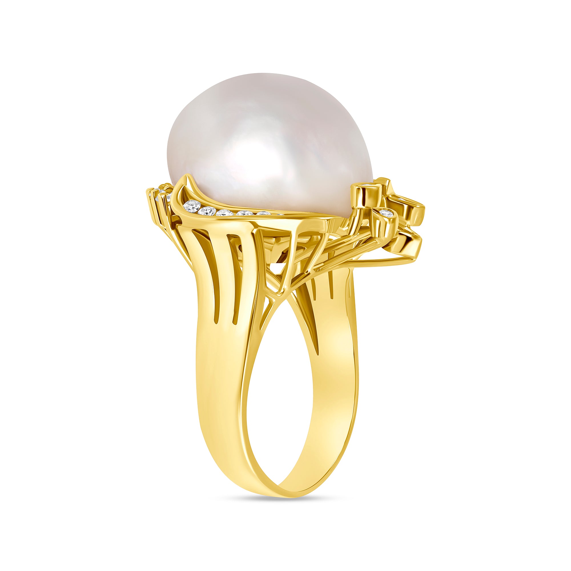 White Pearl & Diamond Cocktail Ring in 18K Yellow Gold