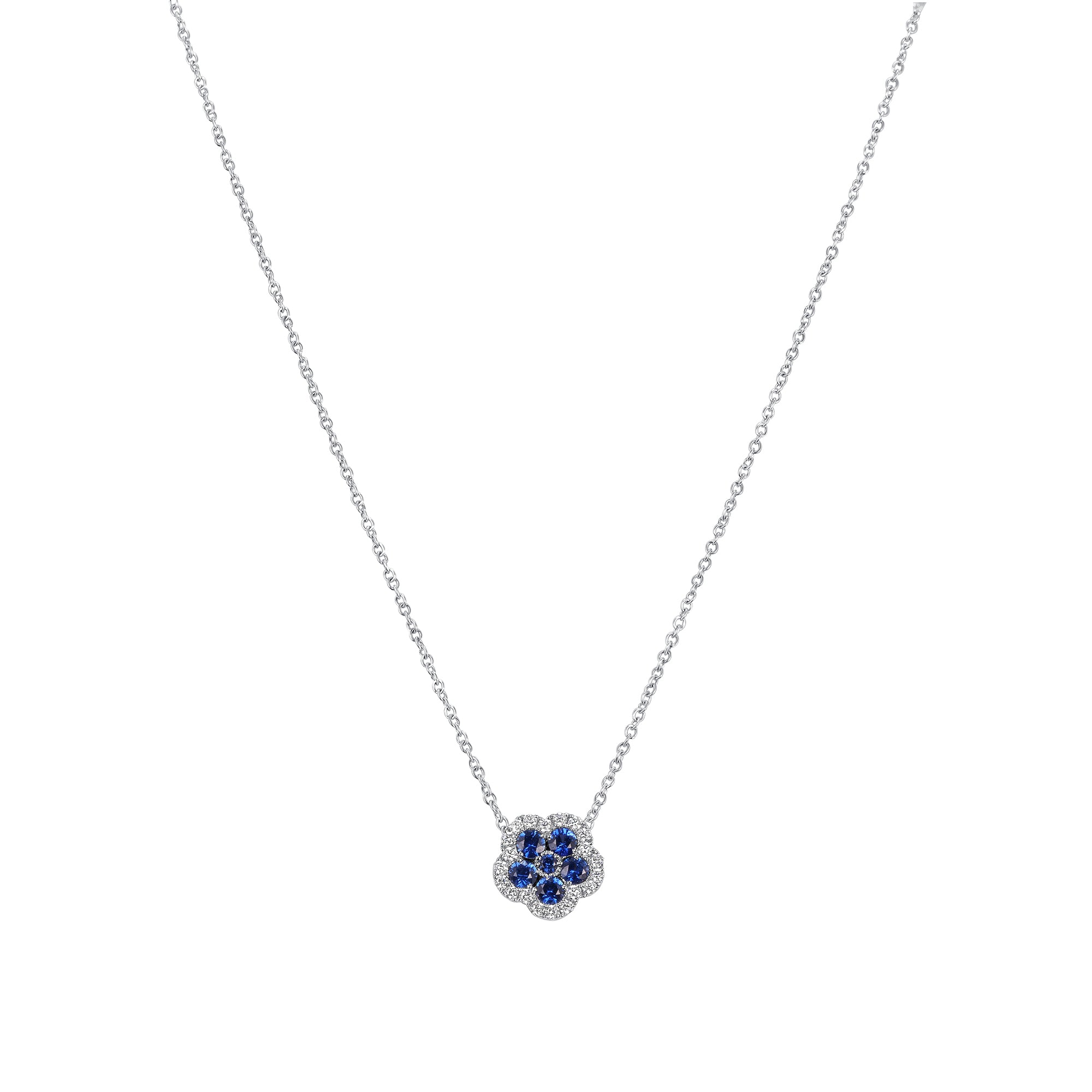 Blue Sapphire and Diamond Cluster Pendant Necklace in 18K White Gold