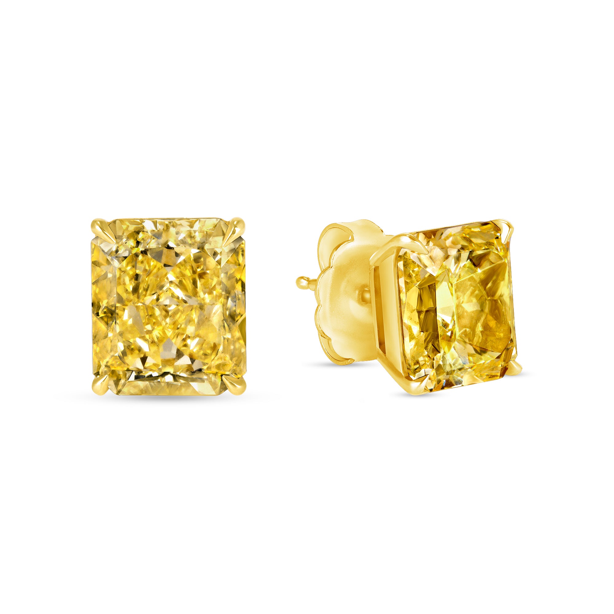 Radiant Cut Fancy Intense Yellow Diamond Stud Earrings in 18 Karat Yel